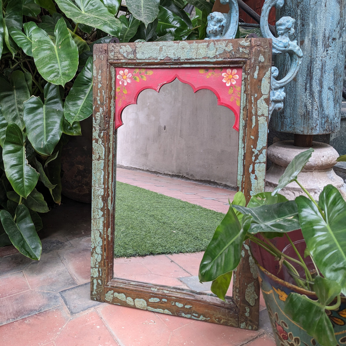 Distressed Green-Brown Jharokha Mirror with hand painted details ...